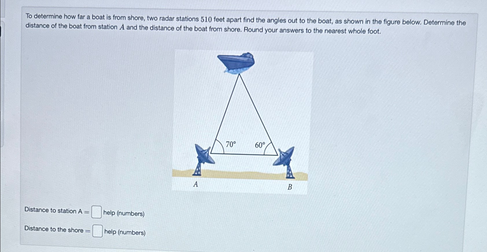 Solved To determine how far a boat is from shore, two radar | Chegg.com