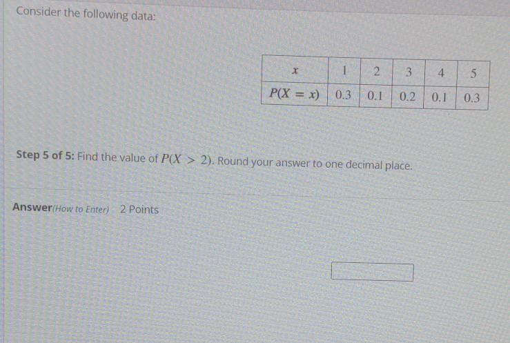 Solved Consider the following data: x 1 2 3 4 5 P(X = x) 0.3 | Chegg.com