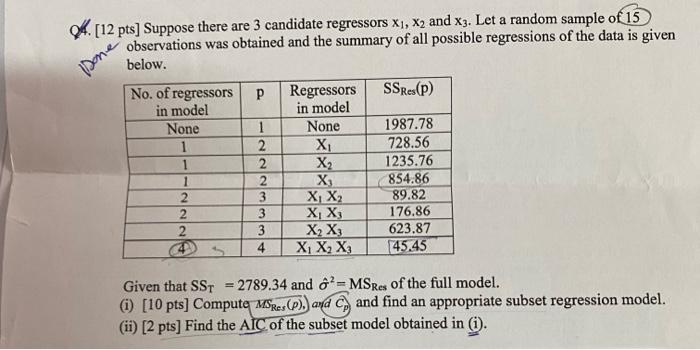 Solved 4. [12 pts] Suppose there are 3 candidate regressors | Chegg.com