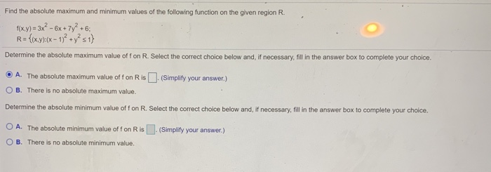 Solved Find the absolute maximum and minimum values of the | Chegg.com