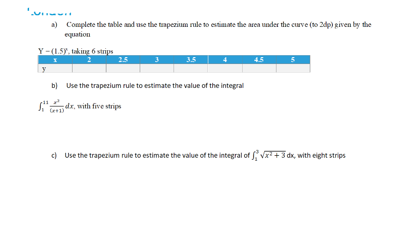 Solved a) ﻿Complete the table and use the trapezium rule to | Chegg.com