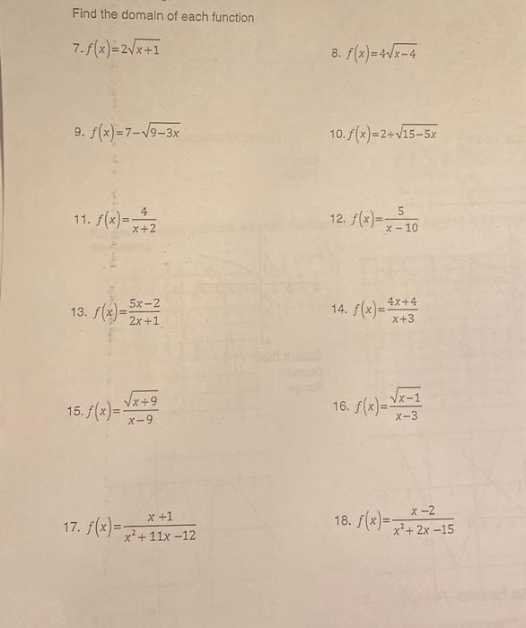 Solved Find the domain of each function 7. f(x)=2x+1 8. | Chegg.com