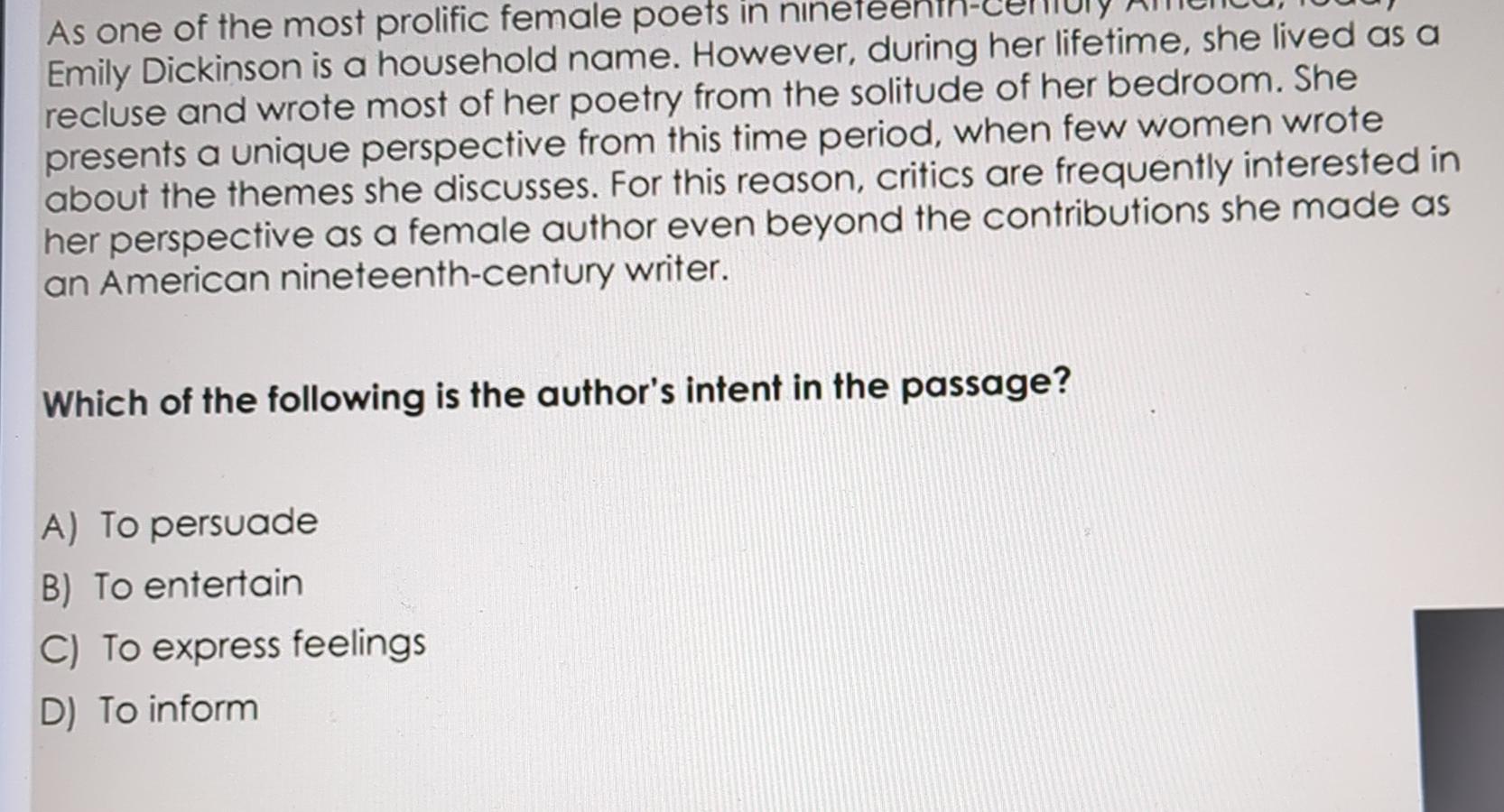 Solved As one of the most prolific female poets in nineteen | Chegg.com