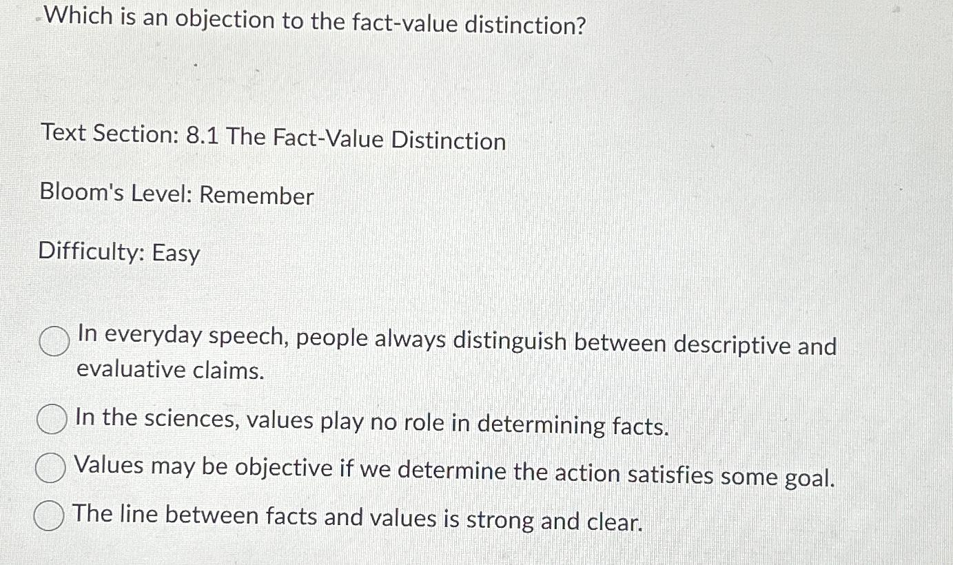 Solved Which is an objection to the fact-value | Chegg.com
