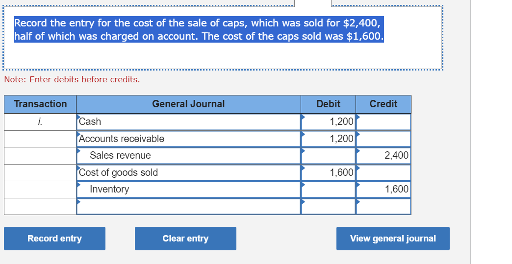 Solved Record the entry for the cost of the sale of caps, | Chegg.com