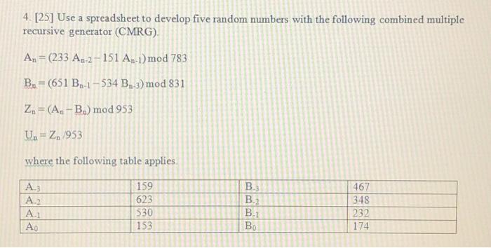 Solved 4. [25] Use a spreadsheet to develop five random | Chegg.com