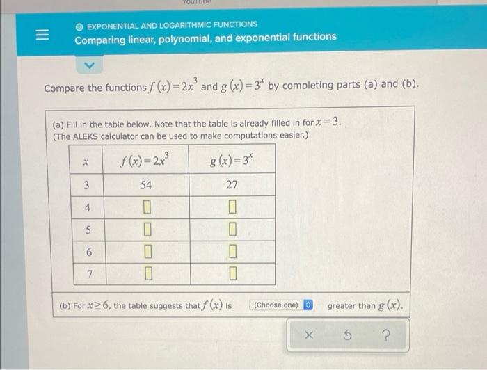 Solved TOUTUBE = EXPONENTIAL AND LOGARITHMIC FUNCTIONS | Chegg.com