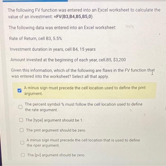 Solved The following FV function was entered into an Excel | Chegg.com