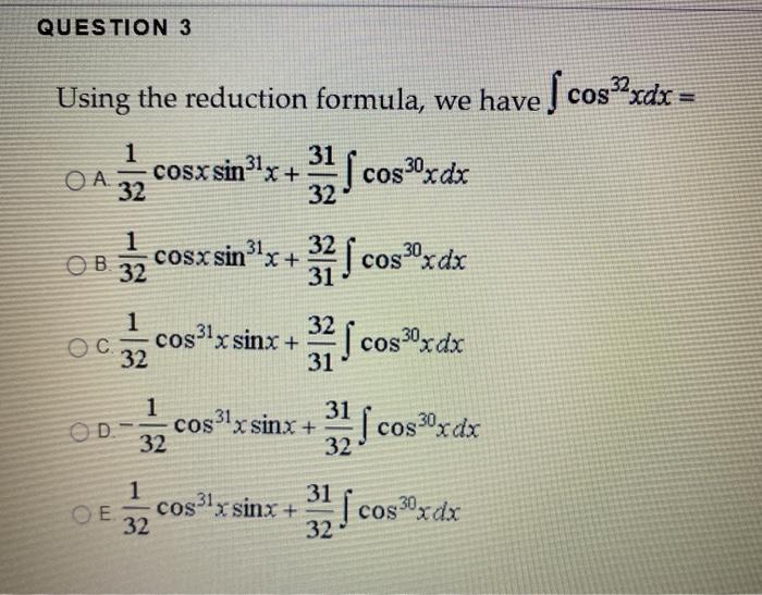 Solved QUESTION 4 ſe 10x cos(3x)dx = 10x ОА. (3 cos3x + 10 | Chegg.com