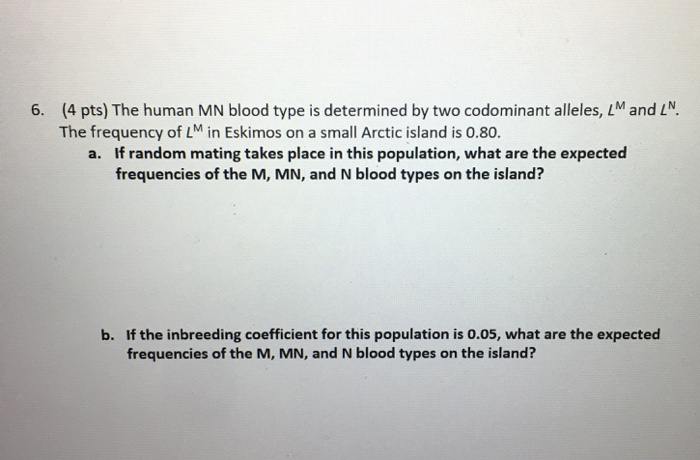 Solved 6. (4 pts) The human MN blood type is determined by | Chegg.com