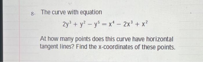 Solved 8- The curve with equation 2y³ + y²y5 = x4 - 2x³ + x² | Chegg.com