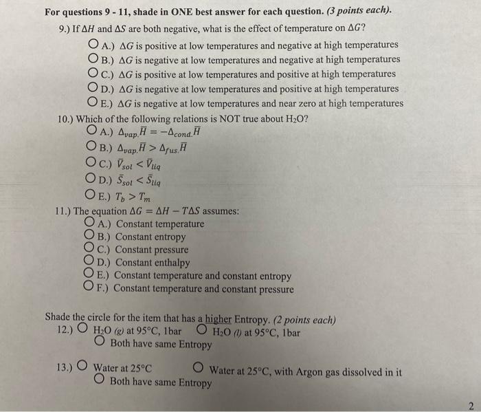 Solved For questions 9 - 11, shade in ONE best answer for | Chegg.com