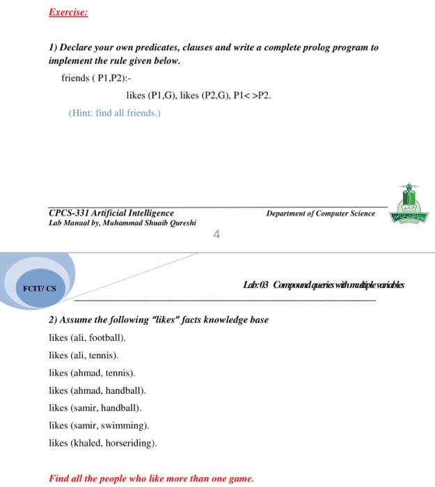 Solved 1) Declare your own predicates, clauses and write a | Chegg.com