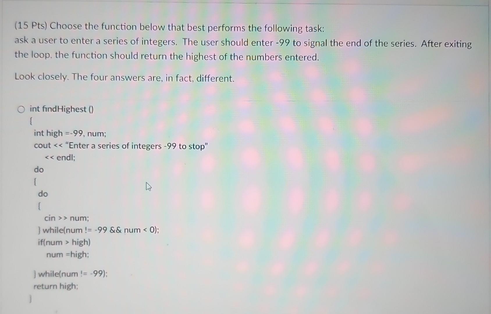 Solved (15 Pts) Choose the function below that best performs | Chegg.com
