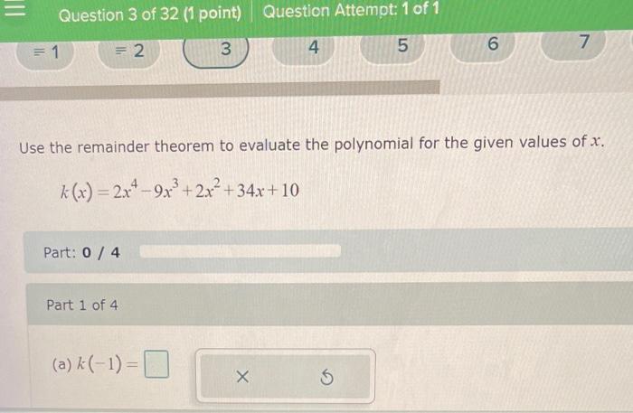 Use the remainder theorem to evaluate the polynomial | Chegg.com