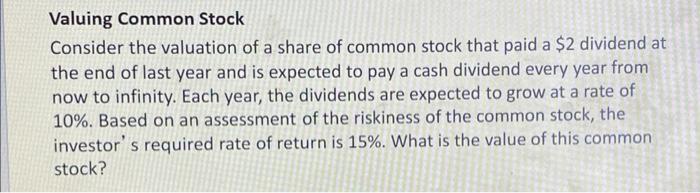 Solved Valuing Common Stock Consider the valuation of a | Chegg.com