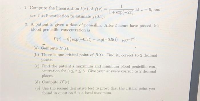 Solved 1. Compute the linearisation l(x) of f(x) = use this | Chegg.com