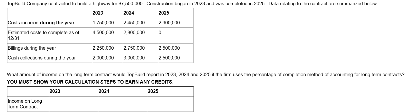 Solved TopBuild Company contracted to build a highway for | Chegg.com