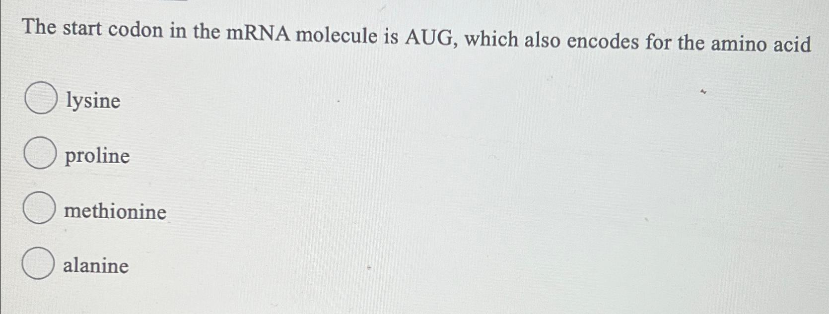 Solved The start codon in the mRNA molecule is AUG, which | Chegg.com