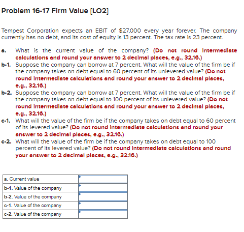 Solved Problem 16-17 ﻿Flrm Value [LO2]Tempest Corporation | Chegg.com