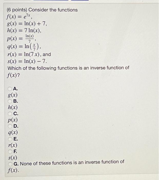 Solved ( 6 points) Consider the functions | Chegg.com