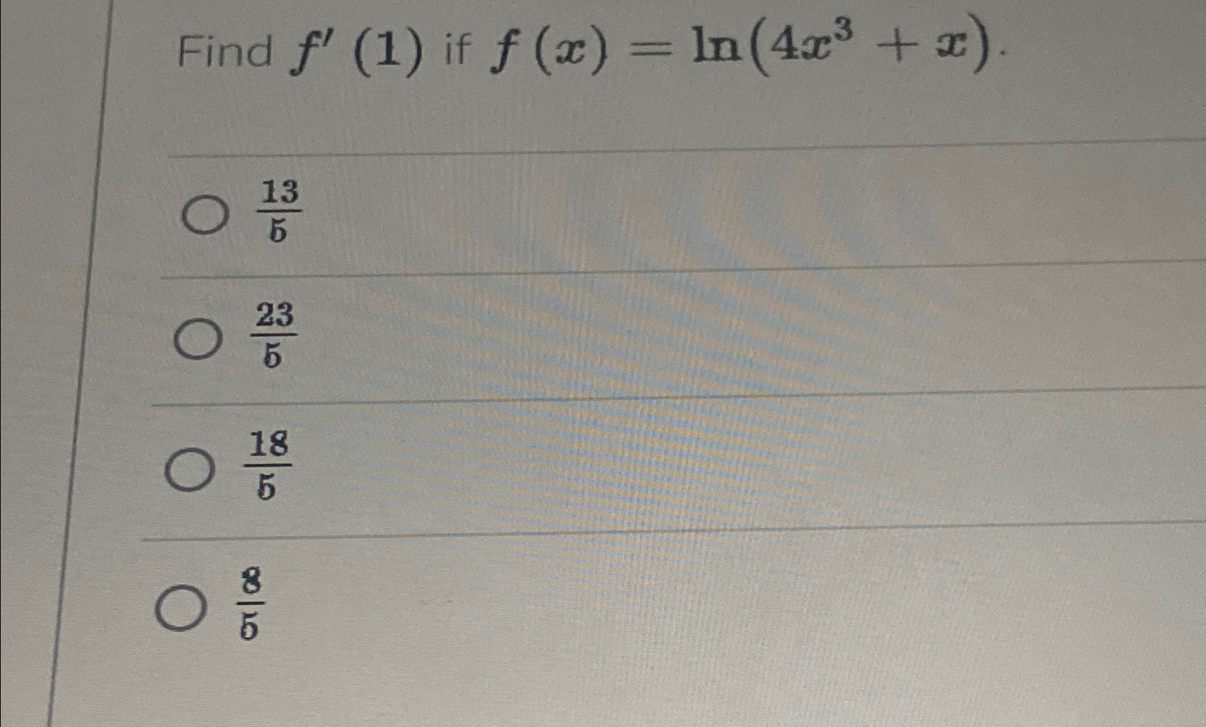 Solved Find f'(1) ﻿if f(x)=ln(4x3+x) | Chegg.com