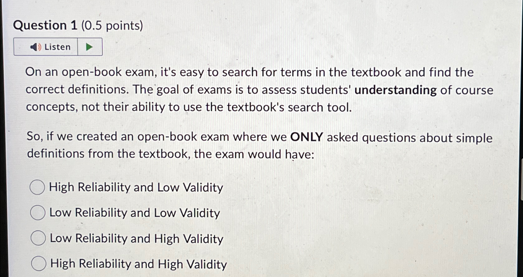 Solved Question 1 (0.5 ﻿points)On an open-book exam, it's | Chegg.com
