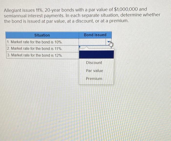 Solved Allegiant issues 11%, 20-year bonds with a par value | Chegg.com