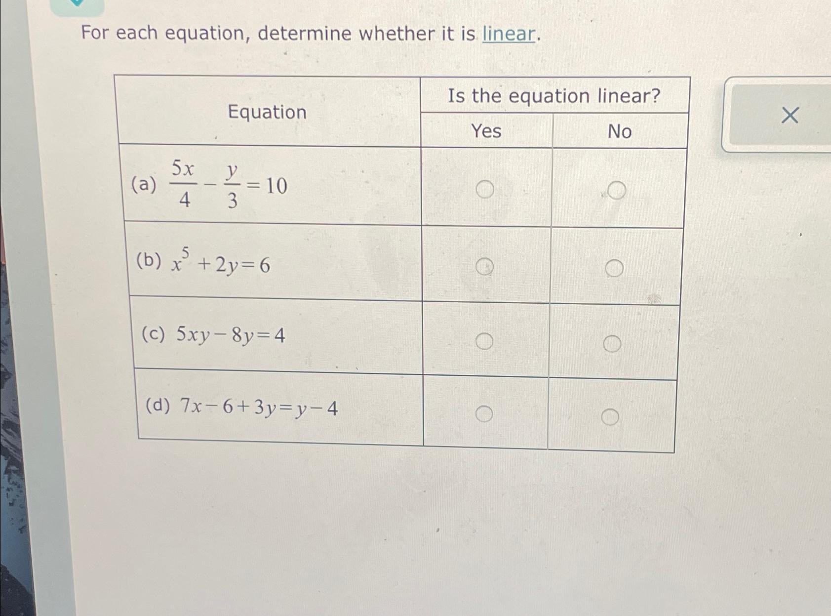 Solved For each equation, determine whether it is | Chegg.com