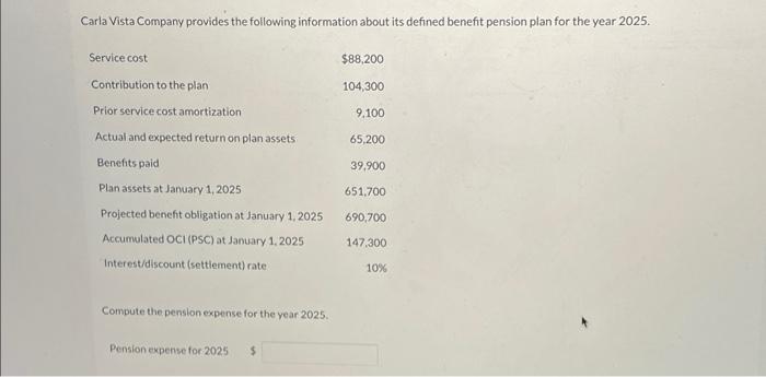 Solved Carla Vista Company provides the following | Chegg.com