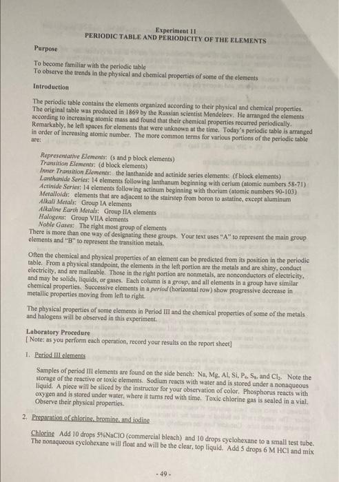 Solved Experiment 11 PERIODIC TABLE AND PERIODICITY OF THE | Chegg.com