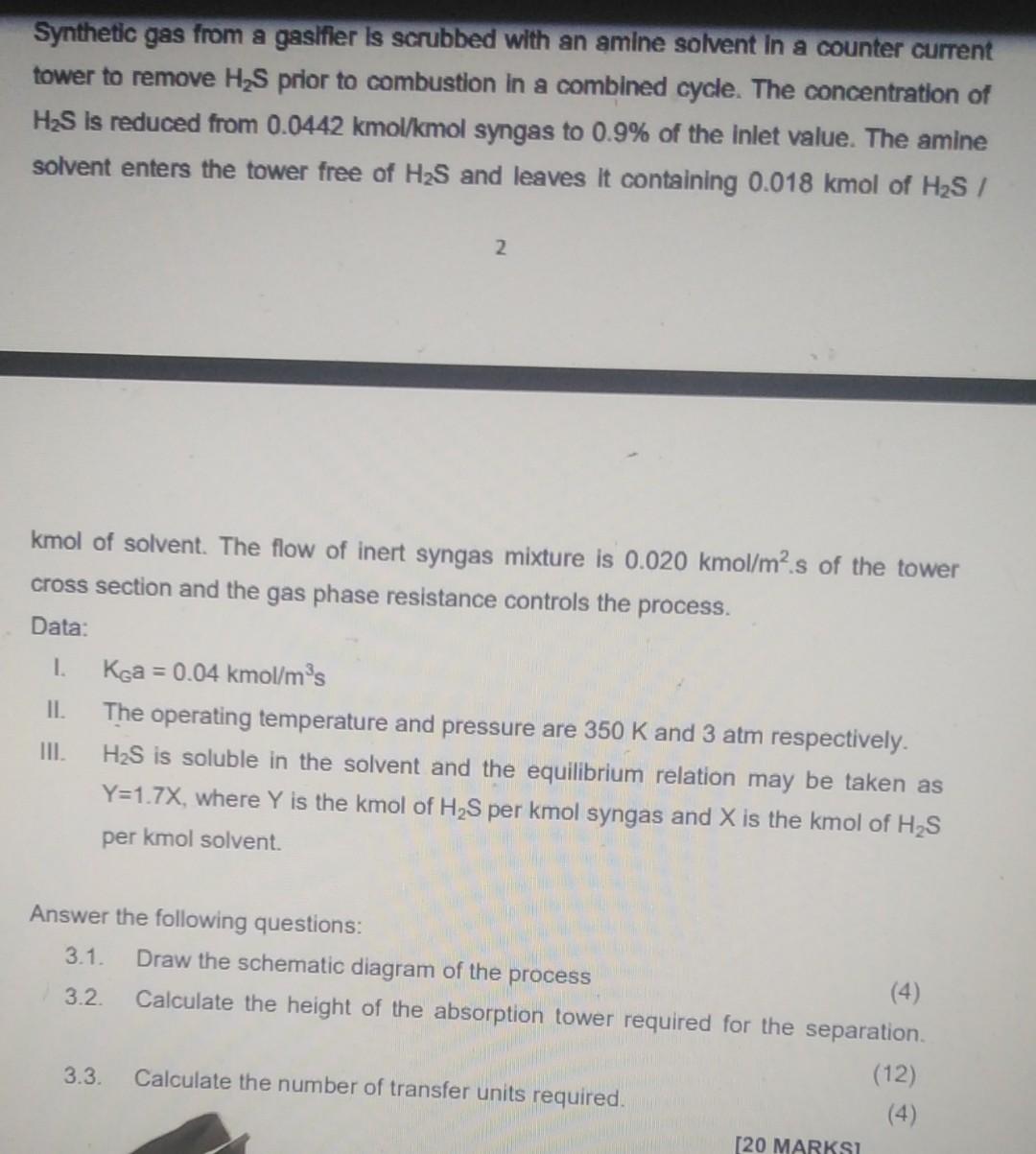 Solved Synthetic gas from a gasifier is scrubbed with an | Chegg.com