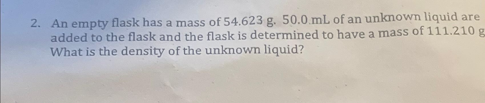 Solved An empty flask has a mass of 54.623g*50.0mL ﻿of an | Chegg.com