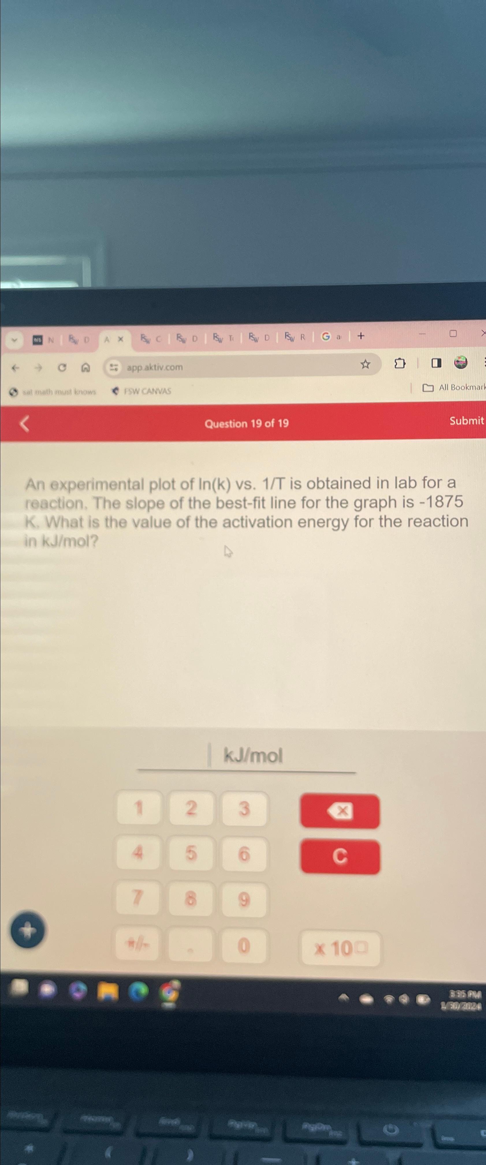 Solved Question 19 ﻿of 19SubmitAn experimental plot of ln(k) | Chegg.com