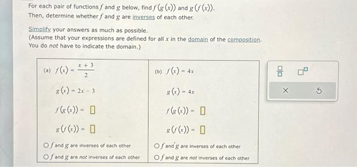 Solved For each pair of functions f and g below, find | Chegg.com