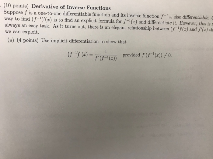 Solved - (10 points) Derivative of Inverse Functions Suppose | Chegg.com