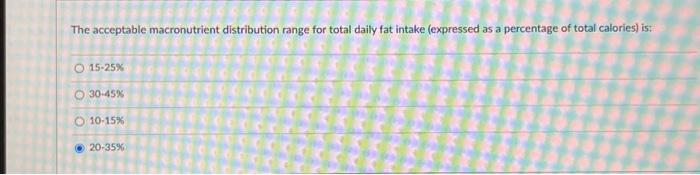Solved The acceptable macronutrient distribution range for | Chegg.com