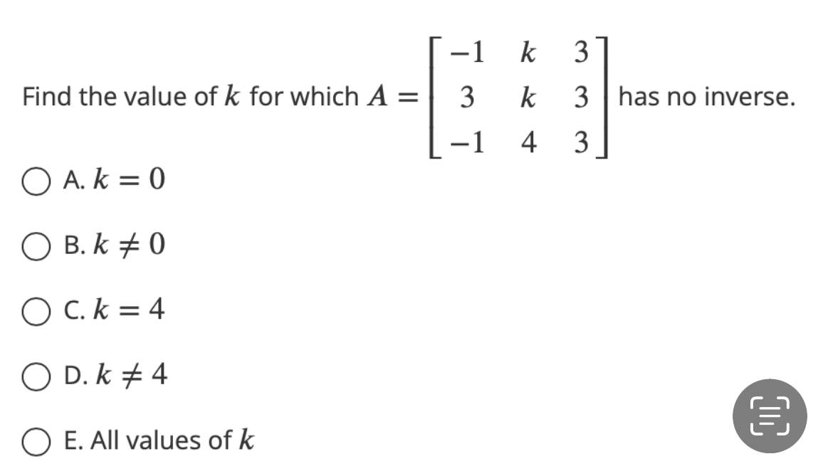 Solved Find the value of k ﻿for which A=[-1k33k3-143] ﻿has | Chegg.com