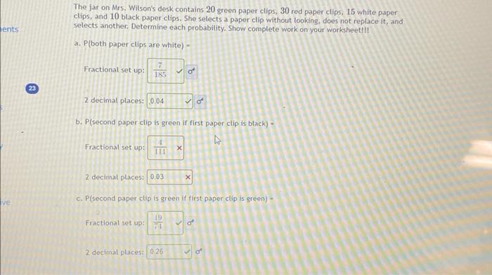 Solved b. P(second paper clip is green if first paper clip | Chegg.com