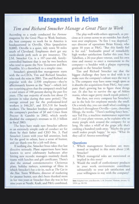 Solved Management in Action Tim and Richard Smucker Manage a | Chegg.com