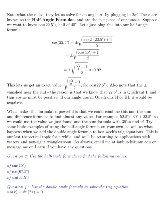 Solved Part II - Double and Half Angles The sum and | Chegg.com