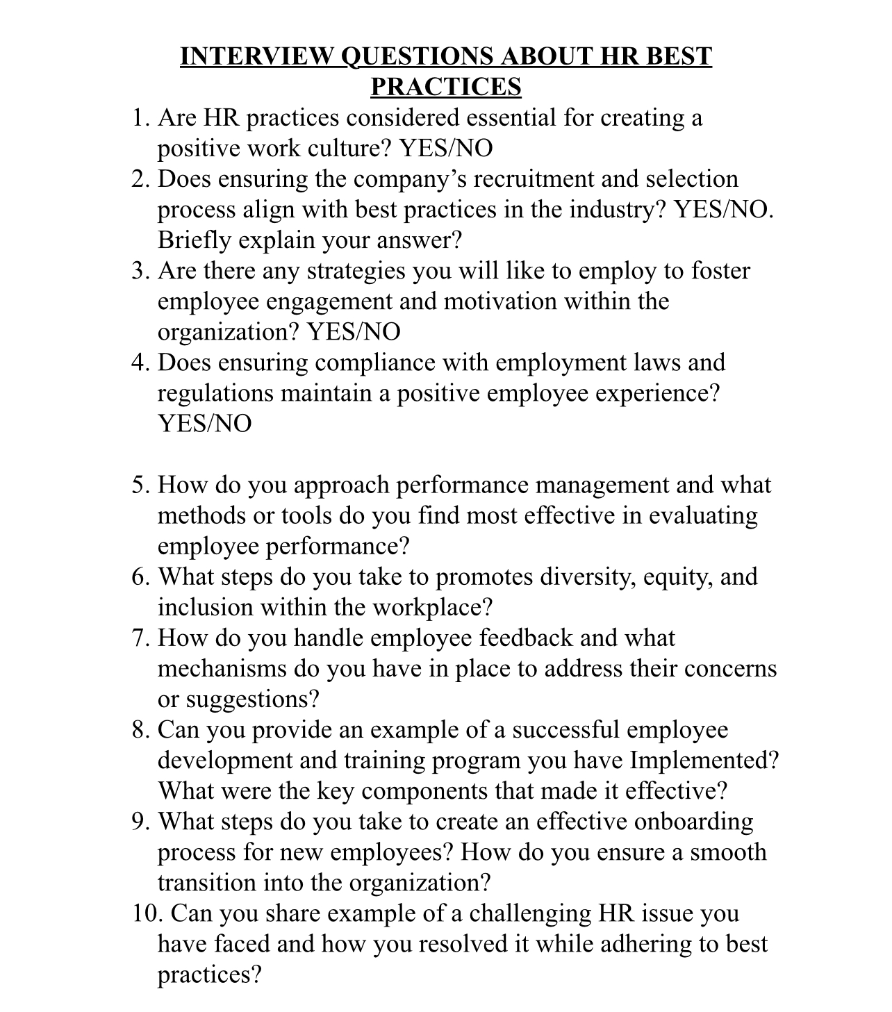 Solved INTERVIEW QUESTIONS ABOUT HR BESTPRACTICESAre HR | Chegg.com