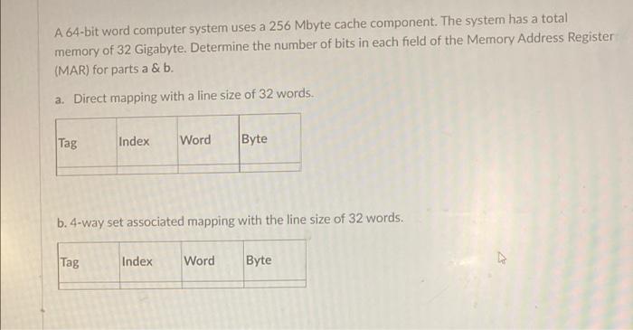 Solved A 64-bit word computer system uses a 256 Mbyte cache | Chegg.com