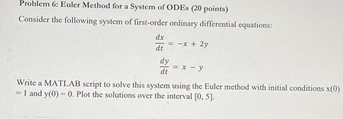 Solved Problem 6: Euler Method for a System of ODEs ( 20 | Chegg.com