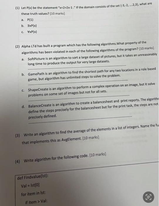 Solved (1) Let P(x) be the statement "x+2>2x-1 ." If the | Chegg.com