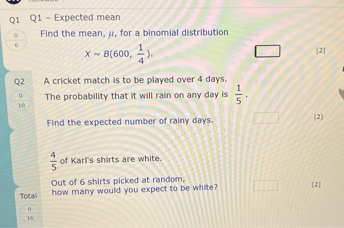 Solved Find the mean, μ, for a binomial distribution | Chegg.com