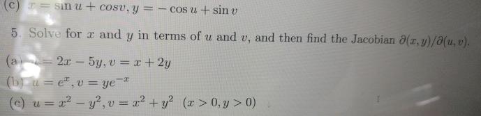 Solved (c) x=sinu+cosv,y=-cosu+sinv5. ﻿Solve for x ﻿and y | Chegg.com