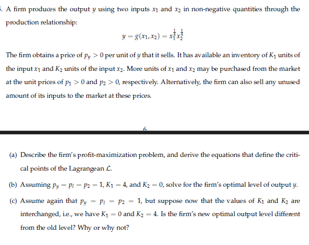 Solved A firm produces the output y ﻿using two inputs x1 | Chegg.com