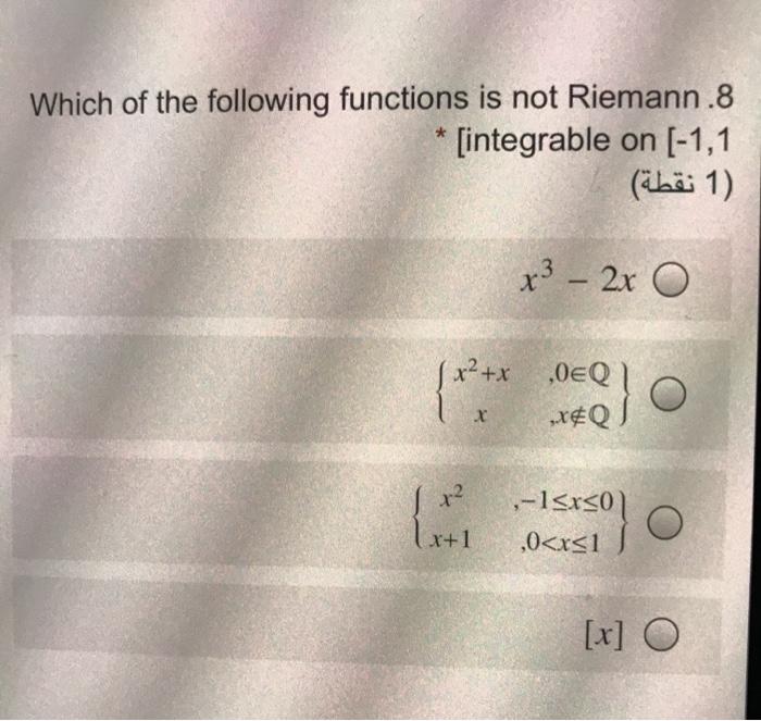 Solved Which of the following functions is not Riemann .8 | Chegg.com