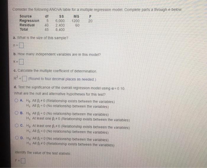 Solved Consider the following ANOVA table for a multiple | Chegg.com